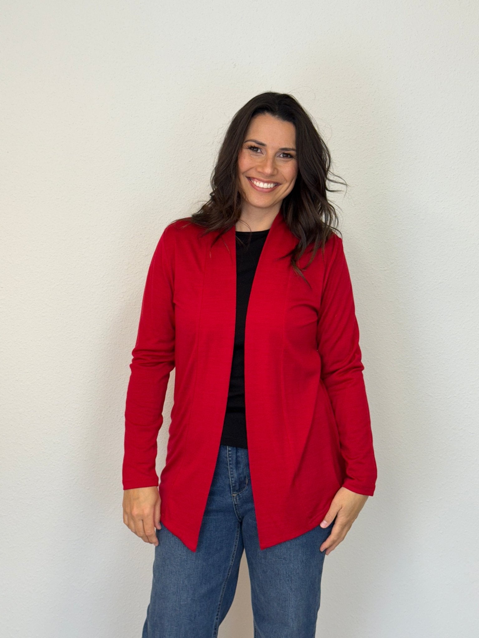 Ebony Merino Edge to Edge Cardigan Ruby 100% Wool NZ Layering – Ebony ...