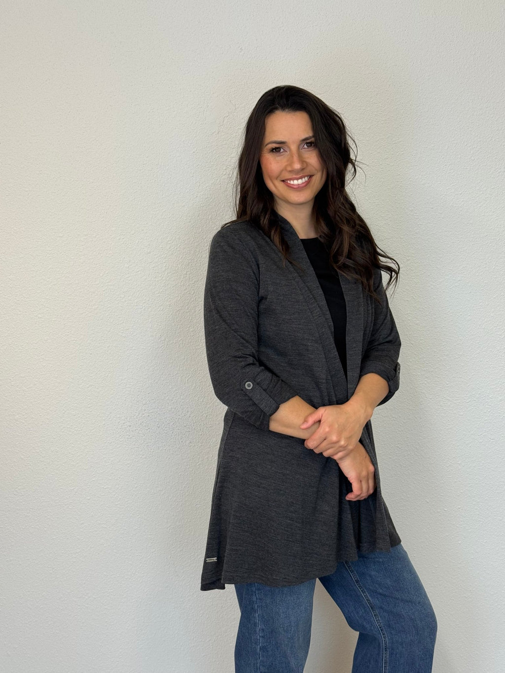 Merino Cardigans NZ | Tab Sleeve Flattering A-Line Shape | Charcoal ...