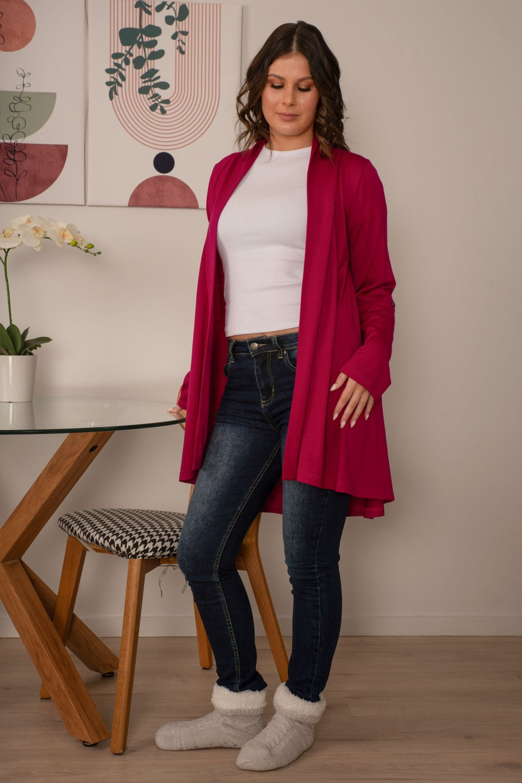 Merino Cardigans NZ | Tab Sleeve Flattering A-Line Shape | Raspberry ...