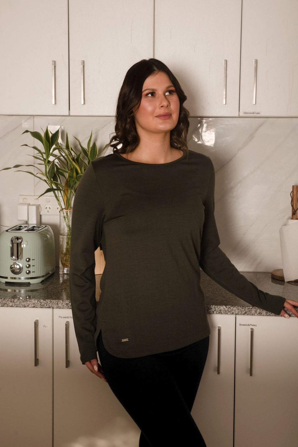 Merino Tops NZ | Stylish Long Sleeve Curve Hem Merino Top | Khaki ...