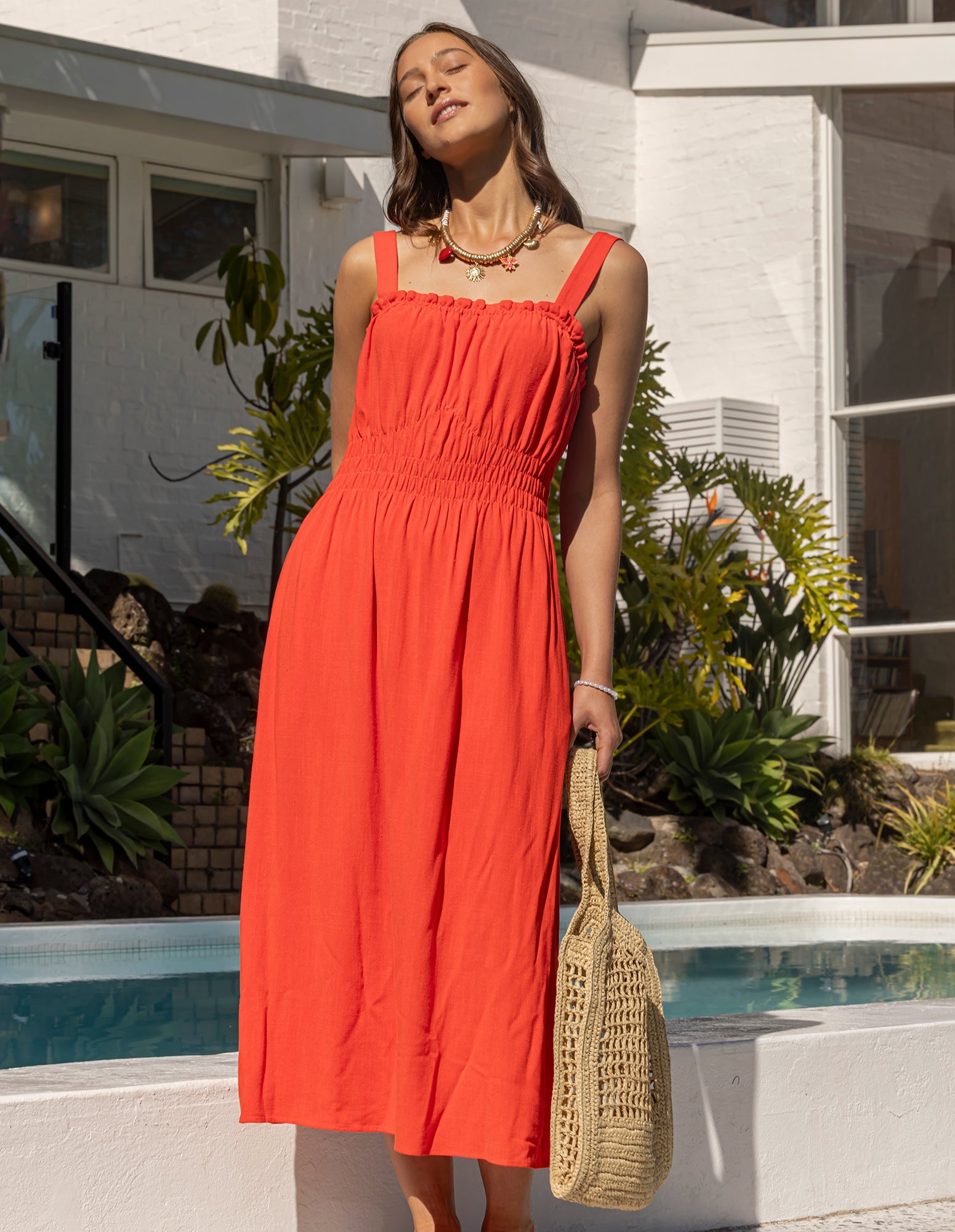 Foxwood Dandelion Dress Red – Shirred Midi Summer Dress | NZ – Ebony ...