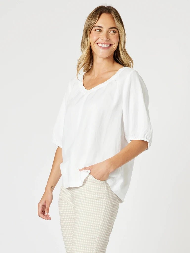 Gordon Smith Lino V-Neck Top Natural Linen Blend | Ebony Boutique NZ