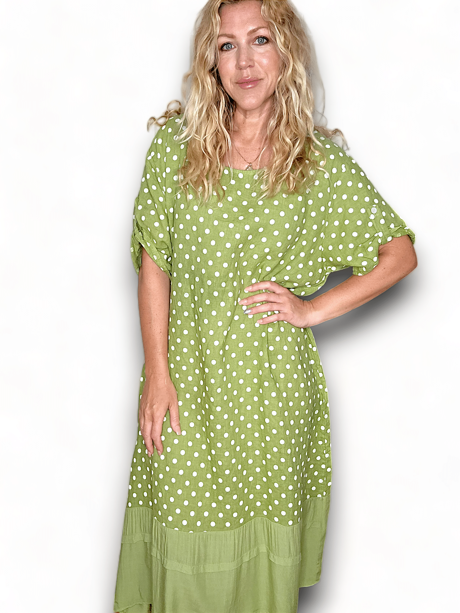 BUTTON SLEEVE HEM DRESS LINEN POLKA DOT LIME – Ebony Boutique NZ