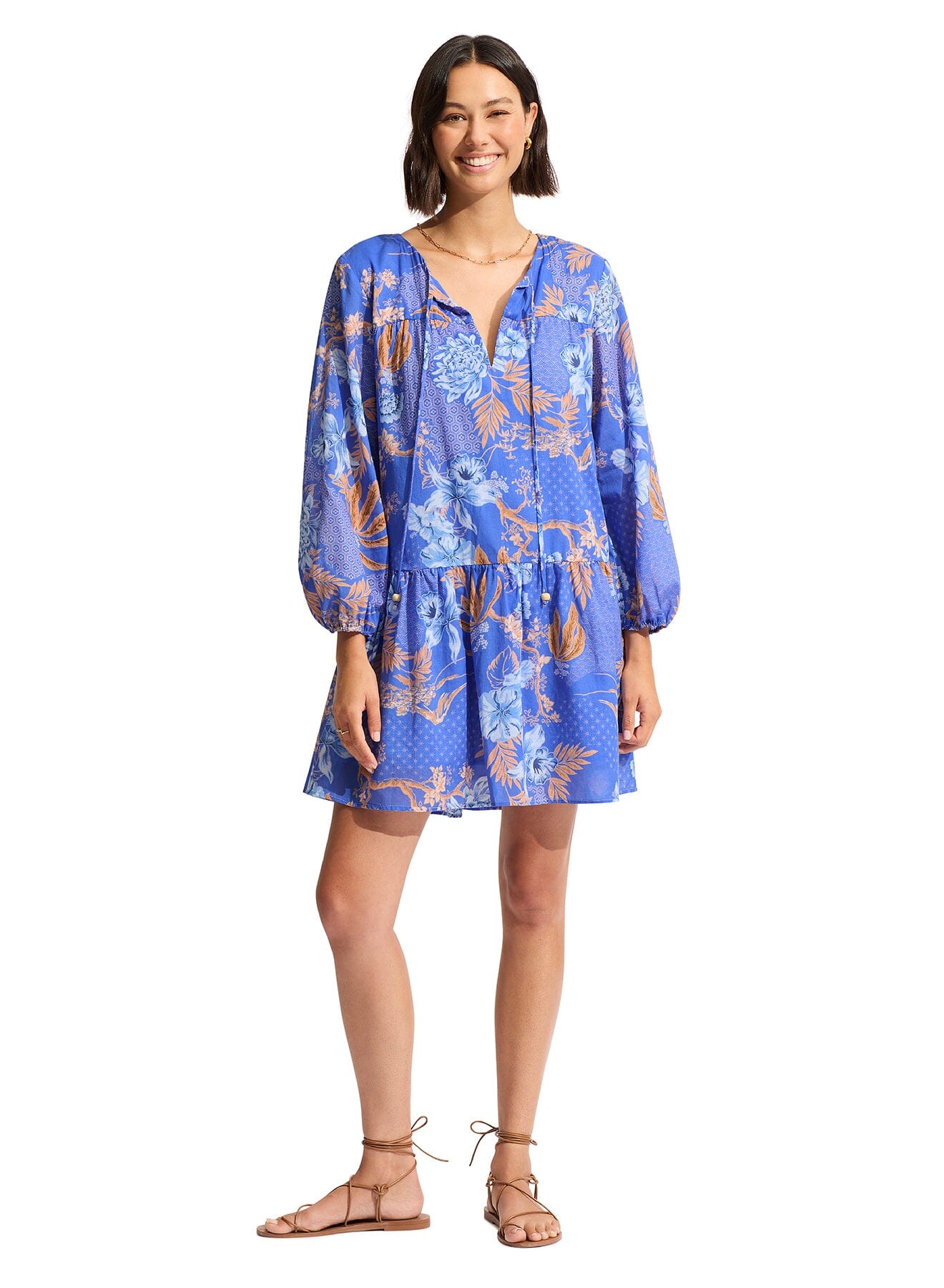 Seafolly Swimwear NZ | Kaftan Sun Cover Up Floral Blue | Long Sleeves ...